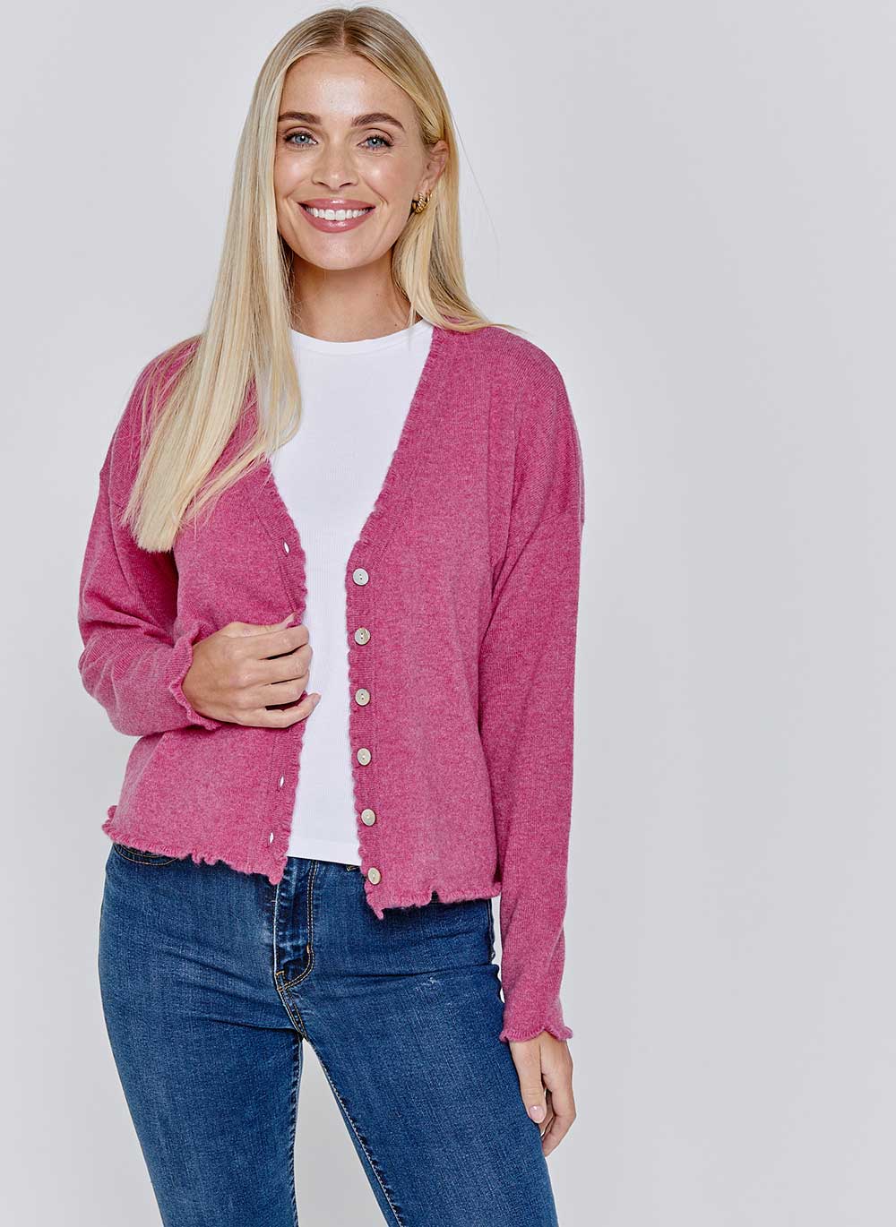 Bella Frill Cashmere Cardigan - Berry Pink & Cashmere & Cotton