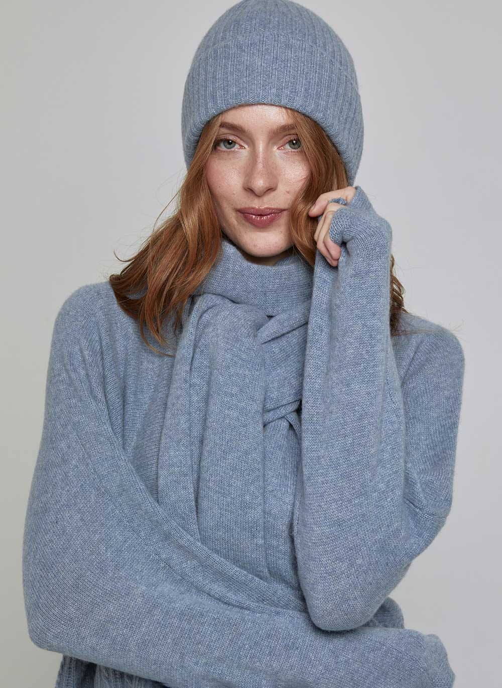 Ribbed Cashmere Hat - Blue Mist & Cashmere & Cotton