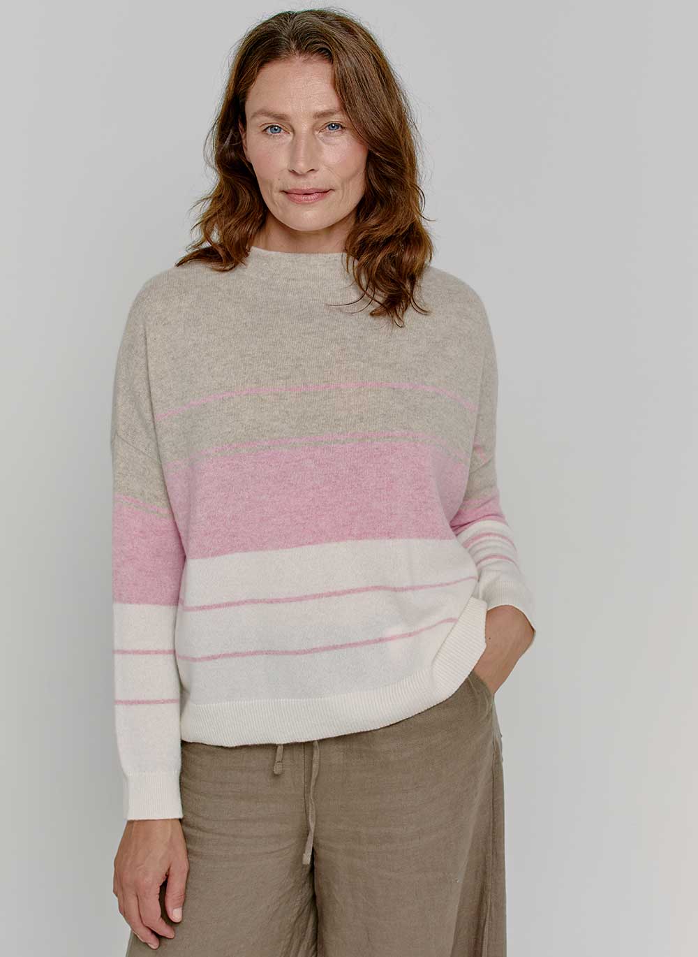 Striped Funnel Neck Cashmere Jumper - Cherry Cream & Cashmere & Cotton