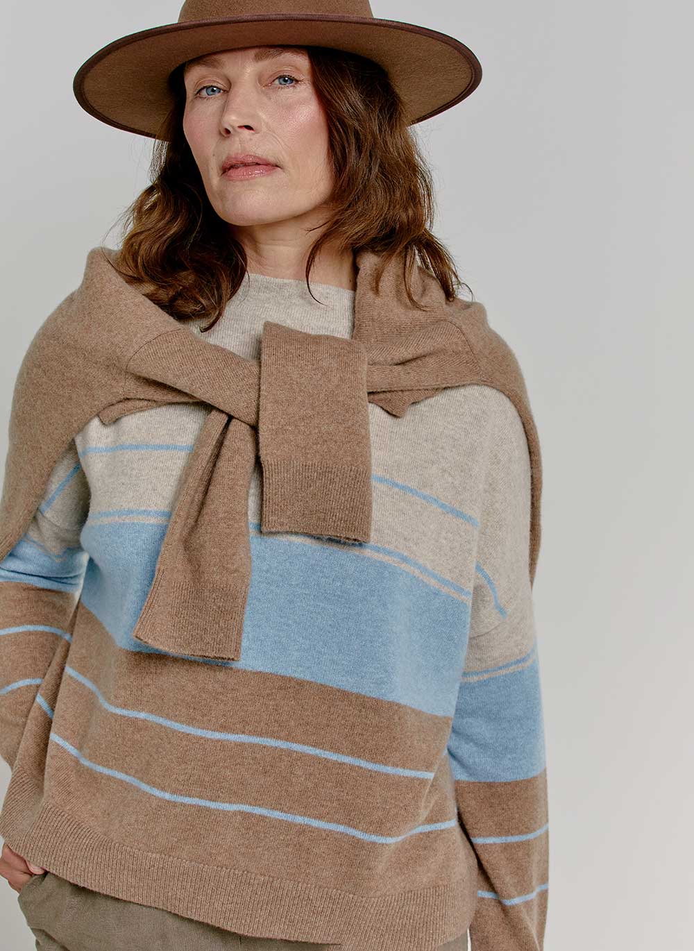 Striped Funnel Neck Cashmere Jumper - Duck Egg & Cashmere & Cotton