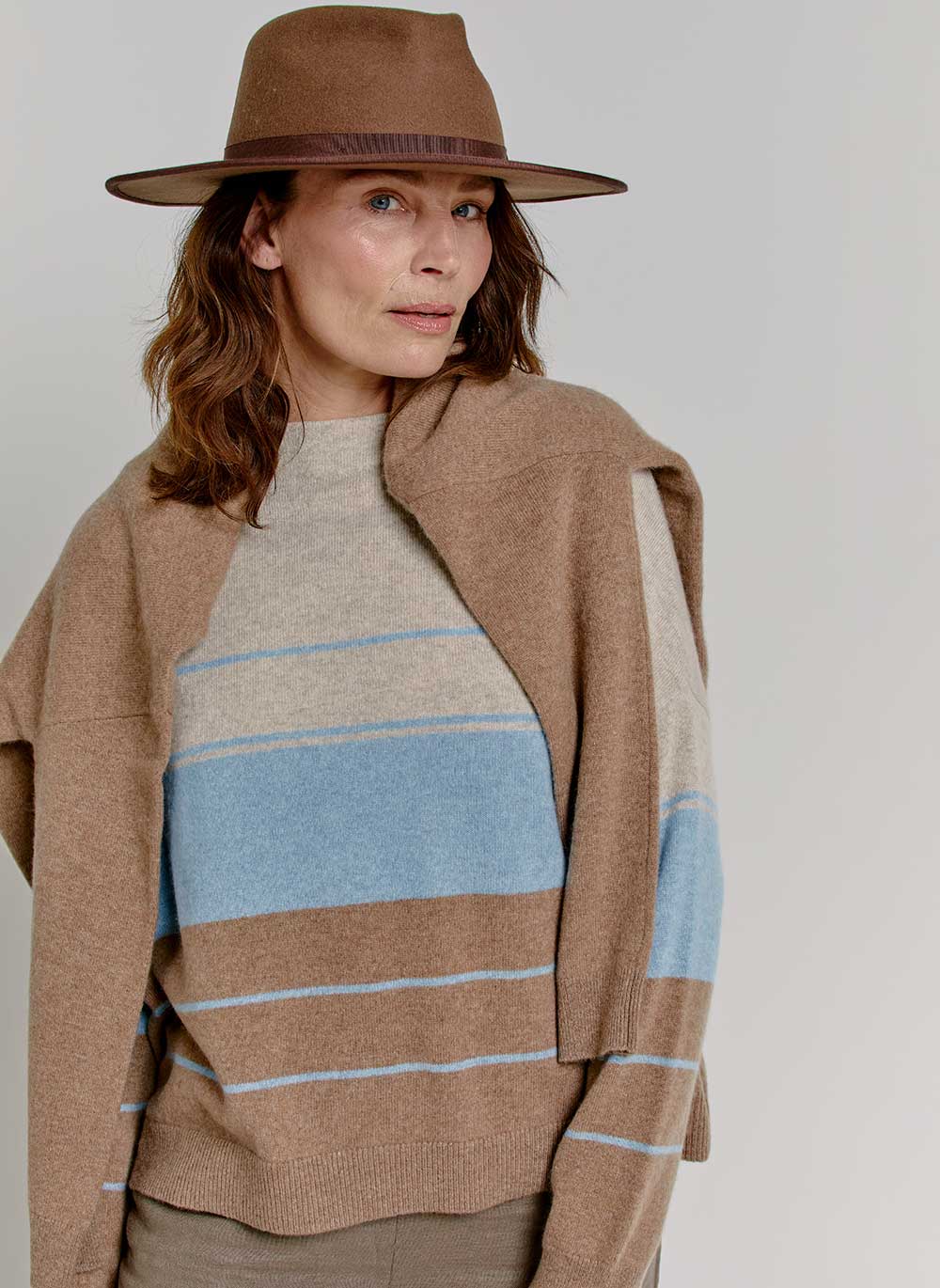 Striped Funnel Neck Cashmere Jumper - Duck Egg & Cashmere & Cotton