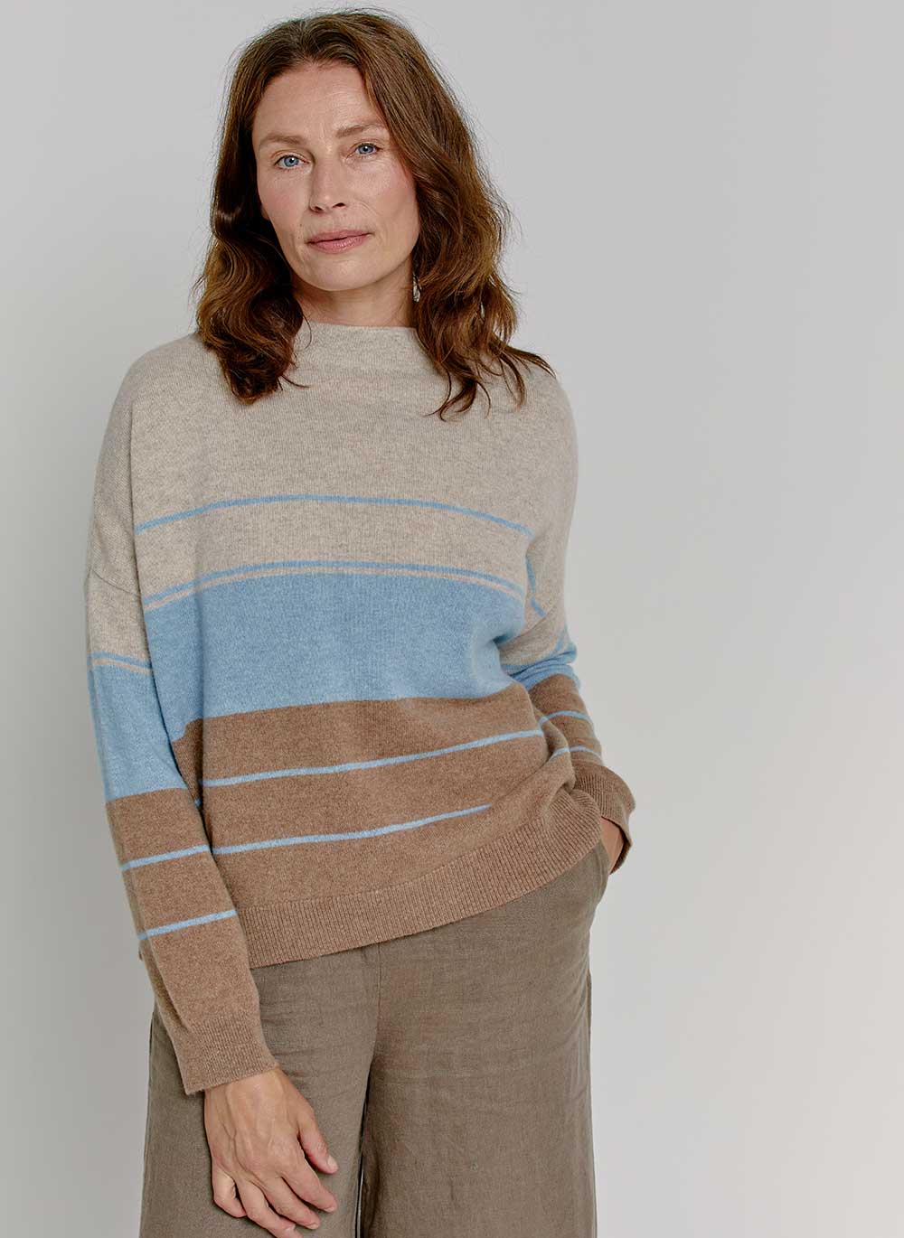 Striped Funnel Neck Cashmere Jumper - Duck Egg & Cashmere & Cotton