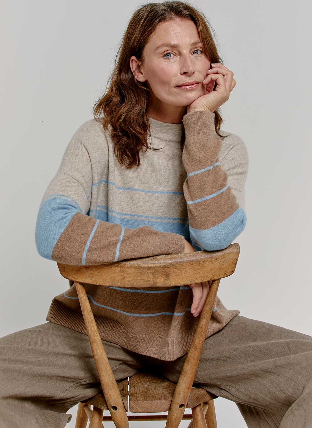 Striped Funnel Neck Cashmere Jumper - Duck Egg & Cashmere & Cotton